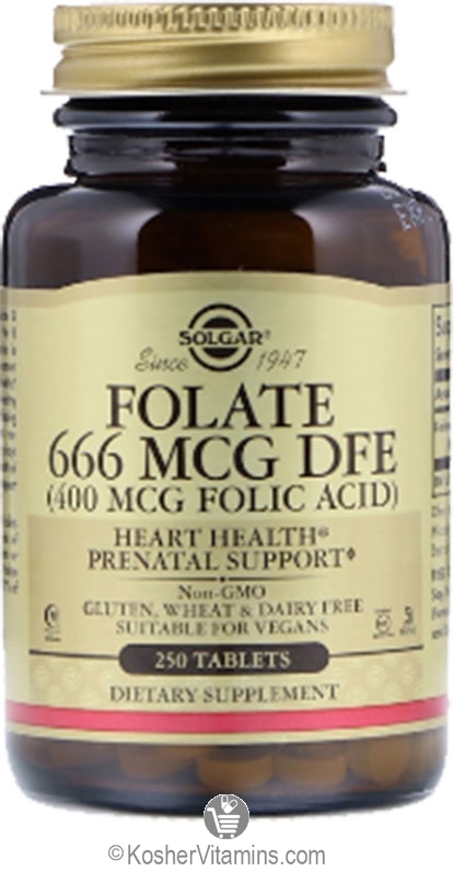 Solgar Kosher Folate 666 MCG DFE (400 Mcg Folic Acid) 250 Tablets ...